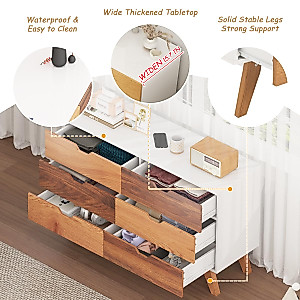 KOZIDO 47 Inch 6 Drawer Wood Dresser, Modern Double Dresser, Wooden Storage Cabinet for Bedroom, Living Room, Hallway, Entryway - Caramel & Walnut & White