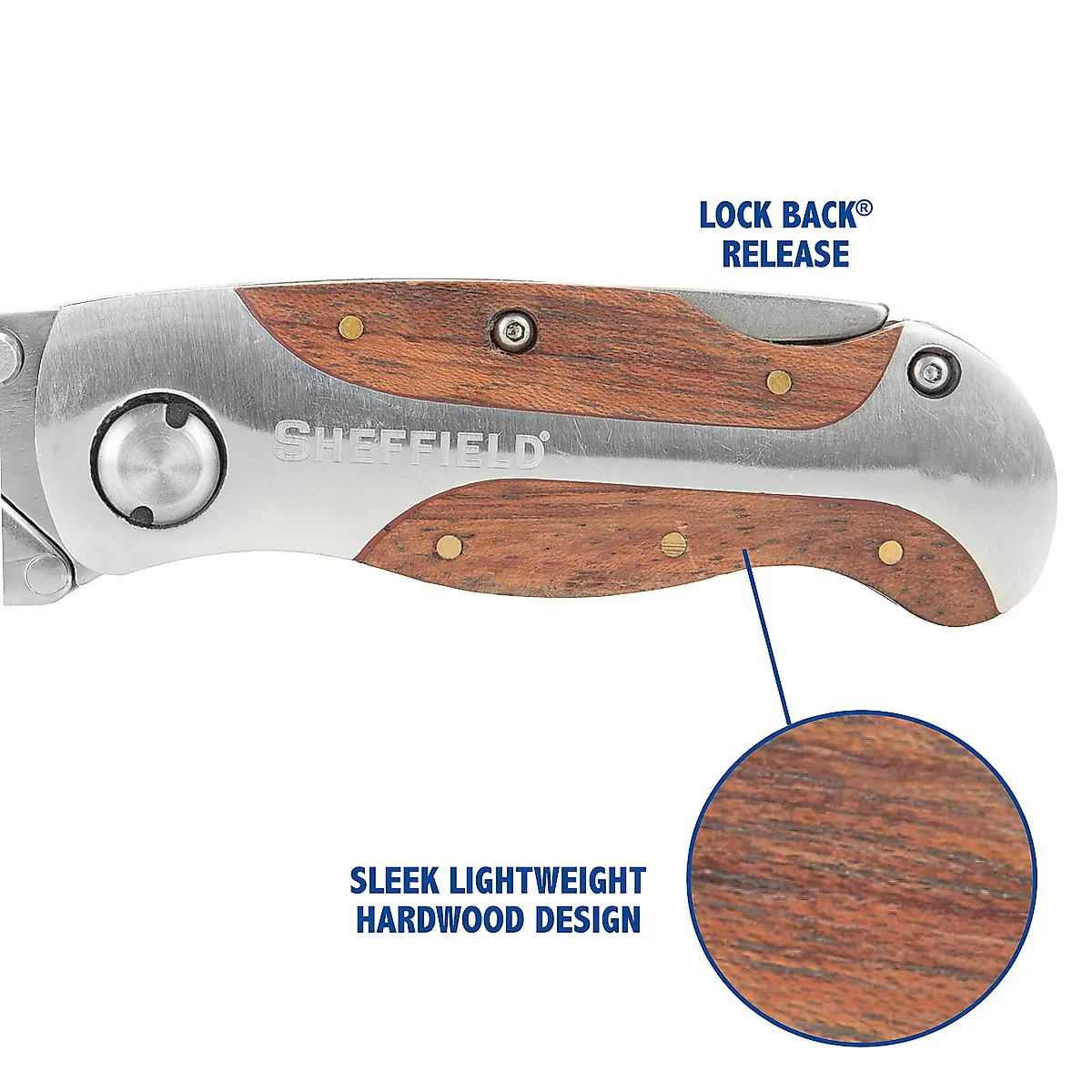 Sheffield 12525 Premium Lock Back Utility Knife 2 Pack, Box Cutter Knife, Carpet Knife, Drywall Cutter, Quick Change Blade, Aluminum And Wood Handle, Wood, Silver