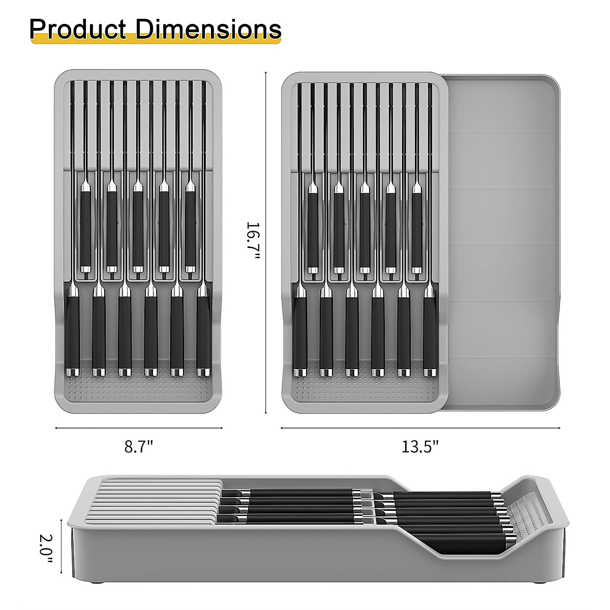 Knife Block Drawer Insert,Steak Knife Drawer Organizer,Knife Holder With Storage Tray, Kitchen Drawer Organizer for 11 Knives (Knife Not Included),Large Capacity,Saves Space,Gray