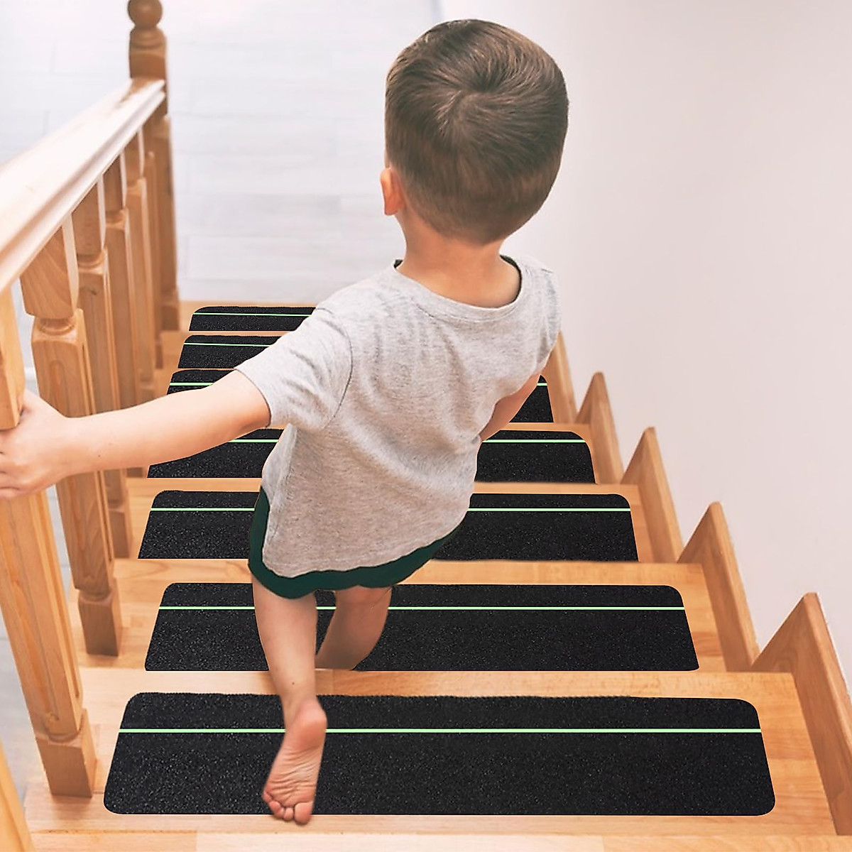 Q-Hillstar Non Slip Stair Treads with Glow in Dark Stripe (10-Pack), 6" X 28" Waterproof Non Slip Stair Tape, Outdoor Stair Treads Non-Slip, High Traction Friction Abrasive Adhesive Tape