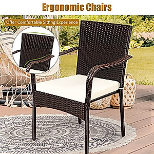 Tangkula Set of 4 Patio Dining Chairs, All Weather Stackable Rattan Chairs with Removable Cushions and Armrests, Outdoor Bistro Wicker Dining Chair Set for Balcony Poolside Backyard (Brown)