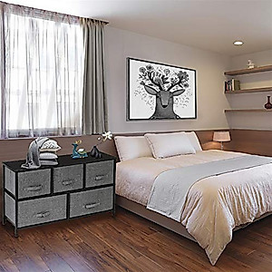 Royard Oaktree Dresser with 5 Drawers Wide Storage Tower with Removable Fabric Bins Chest of Drawers with Wood Top and Steel Frame Organizer Unit for Closets Bedroom Living Room Hallway Entryway