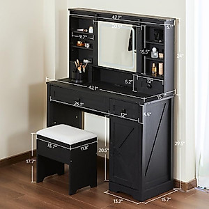Farmhouse Makeup Vanity Desk with Electrical Outlet, Sliding Mirror and LED Lights, Adjustable Light Color Brightness, 42-Inch Tabletop Dresser, Multiple Storage Space, Dresser Set with a Stool, Black