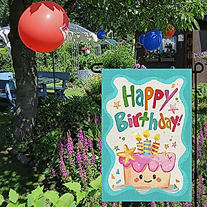 CROWNED BEAUTY Happy Birthday Garden Flag 12x18 Inch Double Sided Cake Blue Outside Welcome Party Decoration Gift Yard Flag