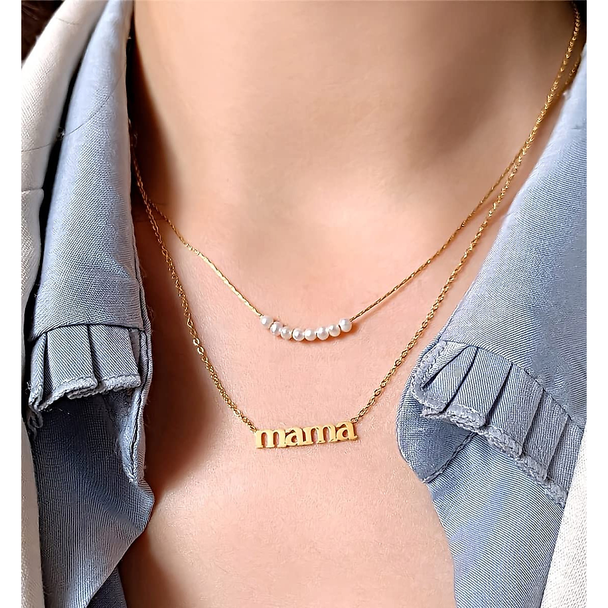 Mama Necklace for Women 18K Gold Plated Mom Pendant Stainless Steel Silver Letter Gift Personalized Jewelry for Mother and Daughter (Gold 1)