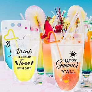 Summer Drink Pouches with Straws Beach Drink Pouches for Adult Translucent Party Beverage Bags Stand up Juice Pouches Plastic Drink Container with Zipper Juice Freezer Bags for Party Favor (30 Sets)