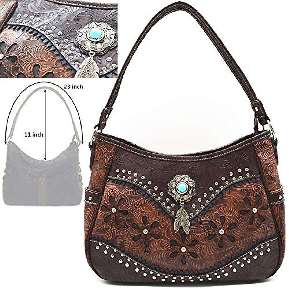 Tooled Leather Laser Cut Flower Feather Purse Studs Country Western Handbag Women Shoulder Bag Wallet Set (Coffee 2)