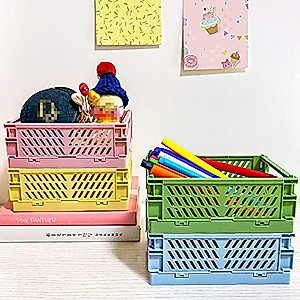 D1resion 4Pcs Mini Stackable Crates Decor Danish Pastel Aesthetic Stacking Folding Plastic Storage Crate Foldable Bin Baskets Tray with Handles for Shelf Grocery Kitchen Bedroom Desktop Organizer Box