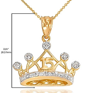 10K Yellow Gold White Cubic Zirconia 4/5" Sweet 15 Anos Quinceanera Crown Pendant Necklace - 16"