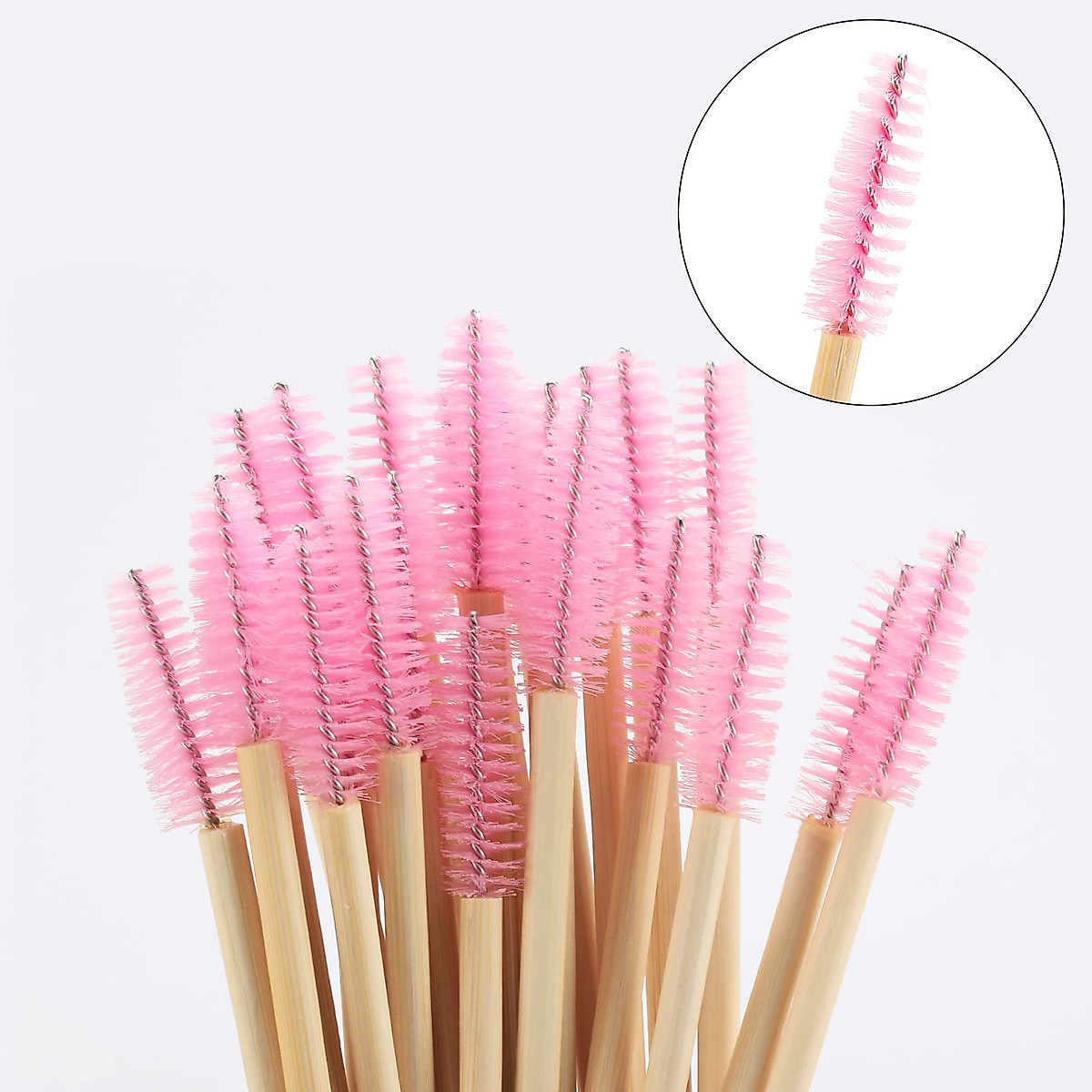 100 Pcs Disposable Mascara Wands, Bamboo Spoolies Brush for Eyelash Extensions, Spooly Eyelash Eyebrow Brushes Lash Wand Applicator Makeup Kits, Pink