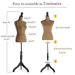 HOMBOUR Dress Form Mannequin Torso, Female Sewing Manikin Body, Pinnable Dressmaker Form with Wooden Tripod Base Stand for Display, Clothing Design, Dark Brown