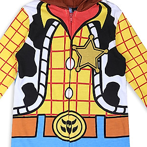 Disney Toy Story Woody or Buzz Lightyear Boys’ Hooded Romper for Newborn, Infant and Toddler – Blue/Yellow or White