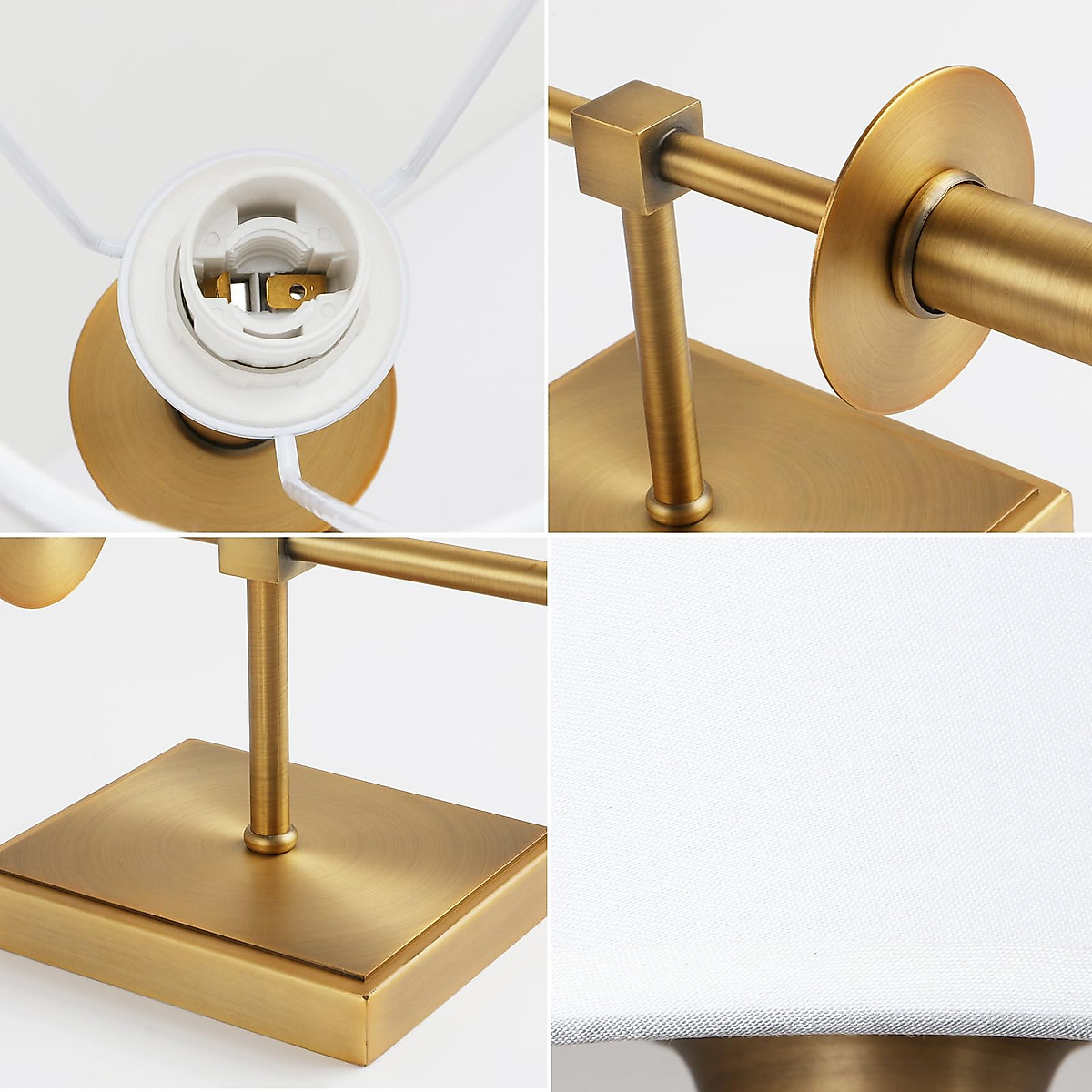 PERMO Set of 2 Classic Rustic Industrial Wall Sconce Lighting Fixture with Flared White Textile Lamp Shade and Antique Brass Tapered Column Stand