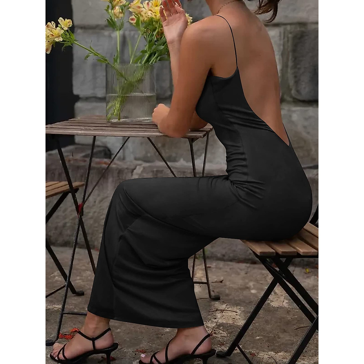 LILLUSORY Birthday Dress Sun Dresses for Women 2023 Summer Casual Sexy Dinner Backless Spaghetti Strap Bodycon Maxi Dresses Ladies Party Date Cami Long Dress Black
