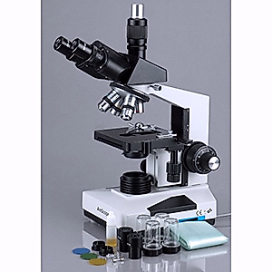 AmScope T490A-5M Digital Compound Trinocular Microscope, WF10x and WF16x Eyepieces, 40X-1600X Magnification, Brightfield, Halogen Illumination, Abbe Condenser, Double-Layer Mechanical Stage, Sliding Head, High-Resolution Optics, Includes 5MP Camera with R