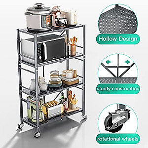 4-tier Storage Shelves for Storage,foldable Collapsible Metal Shelving with Rotational Wheels, Standing Storage Unit Utility Shelf Racks Rolling Cart for Laundry Bathroom Kitchen Pantry Closet, Grey