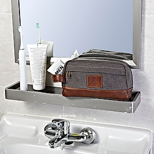 seemeroad Travel Toiletry Bag for Men and Women, Canvas Toiletry Organizer Water-Resistant Vegan Leather, Hanging Dopp Kit Shaving Bag for Toiletries Accessories (Gray, Medium)