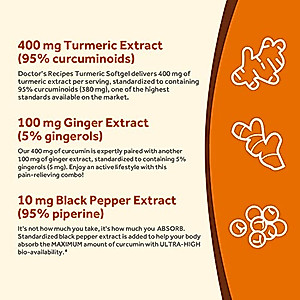 Doctor's Recipes Turmeric Curcumin Softgel, Turmeric with Ginger, 400mg, 95 Percent Concentrated Curcumin, 5% Gingerols, Joint Health, Black Pepper, Kosher Friendly, 120 Softgels