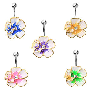 5 - Assorted Set 14 Gauge 3/8 Inch 316L Surgical Steel Barbell Belly Button Navel Rings Dangles Butterfly Hibiscus CZ Flower B630 Color Yellow Purple Blue Pink Green