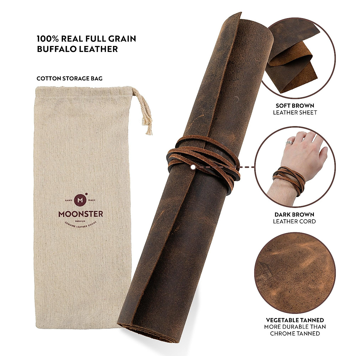 Moonster Genuine Leather Sheets for Crafts, Tooling Leather Sheet 12"x24" – Full Grain Buffalo Leather Fabric, Leather Crafting Kit, Veg Tan Leather for Leather Craft with 36" Cord – Soft Brown