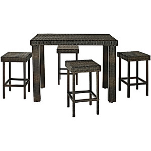 Crosley Furniture Palm Harbor 5-Piece Outdoor Dining Set for 4, Counter Height Wicker Patio Table and Stools, Brown