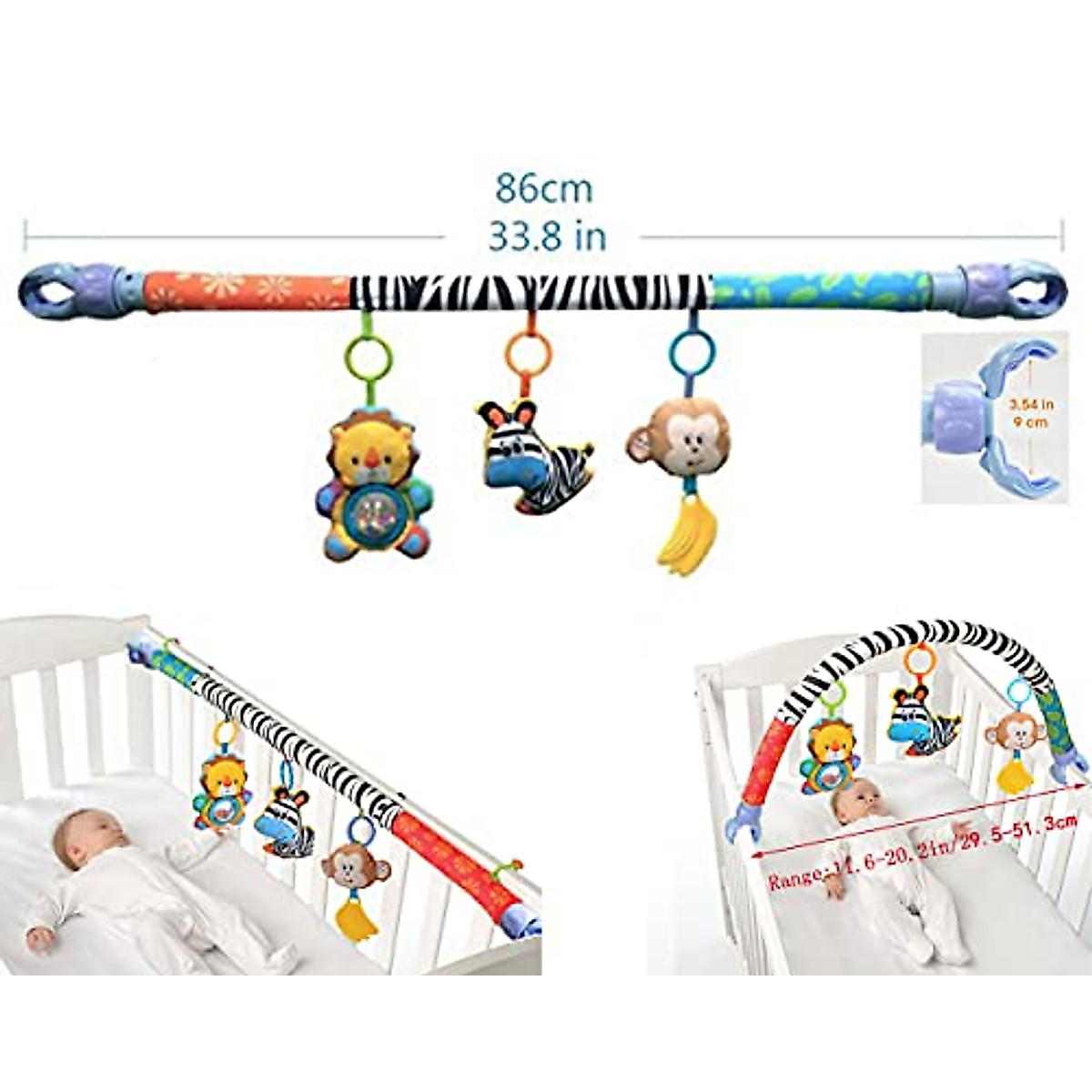 VX-star Baby Travel Play Arch Stroller/Crib Accessory,Cloth Animmal Toy and Pram Activity Bar with Rattle/Squeak/Teethers(Stripe)