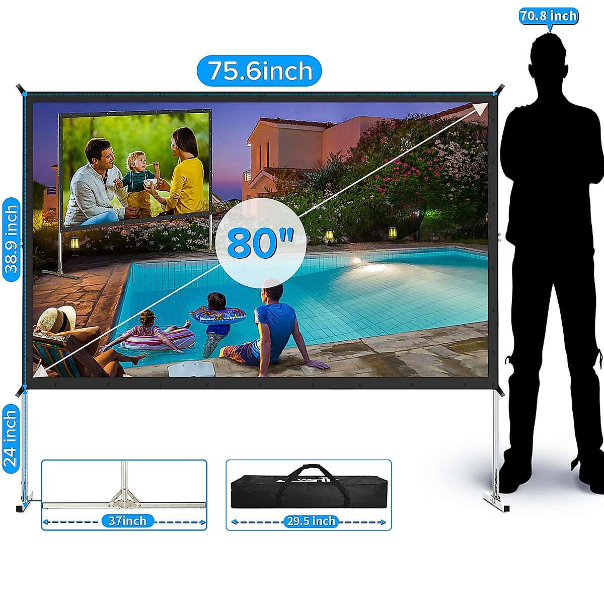 Projector Screen and Stand,JWSIT 80 inch Outdoor Movie Screen-Upgraded 3 Layers PVC 16:9 Outdoor Projector Screen,Portable Video Projection Screen with Carrying Bag for Home Theater Backyard