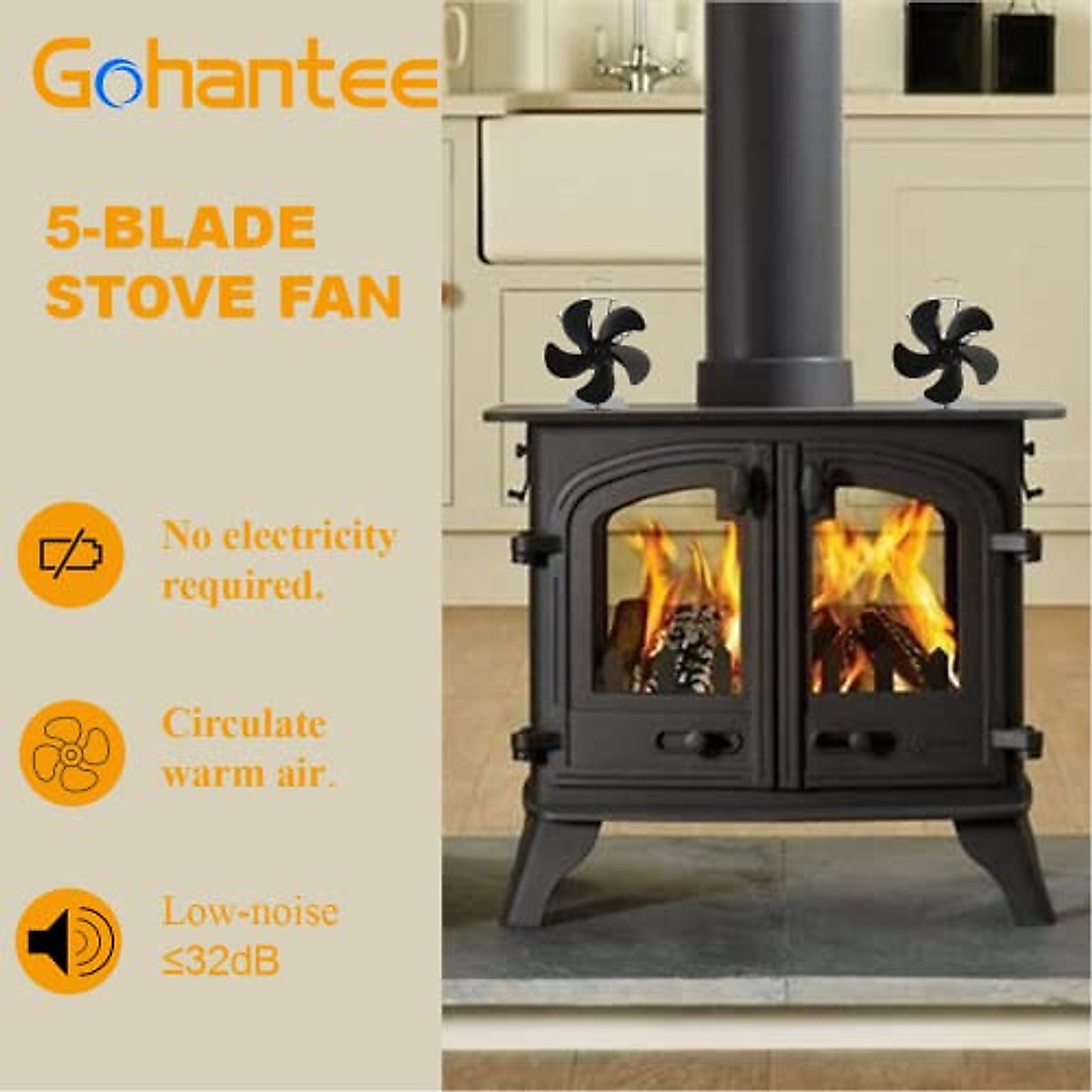 gohantee Fireplace Stove Fan 5-Blades, Silent Motors Heat Powered Stove Fan Circulates Warm/Heated Air Eco Stove Fan with Thermometer, for Gas/Pellet/Wood/Log Stoves