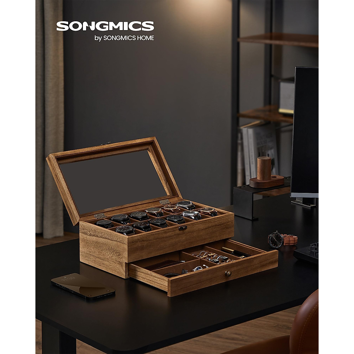 SONGMICS 12-Slot Watch Box, 2-Tier Watch Display Case with Large Glass Lid, Removable Watch Pillows, Velvet Lining, Jewelry Box, Gift Idea, Rustic Walnut UJOW012K01
