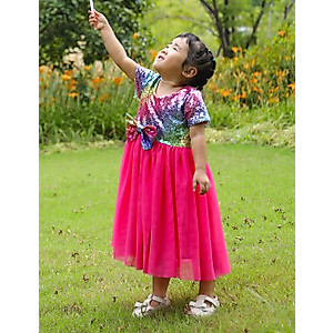 Cilucu Flower Girls Dresses Toddlers Sequin Tutu Dress for Big Girls Pegeant Party Kids Birthday Dress for Wedding Princess Dress Christmas Halloween Dress Rainbow Hot Pink 7-8 Years Old