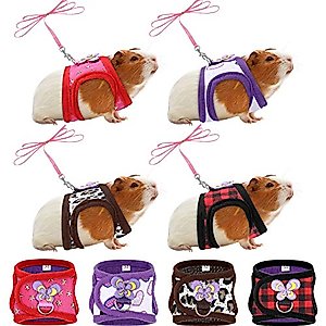 4 Pieces Small Pet Harness Cute Adjustable Vest and Leash Set for Guinea Pig, No Pulling Comfort Mesh Padded Vest for Small Pets, Ferrets, Chinchillas, Hamsters, Iguanas and Similar Small Animals (S)