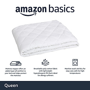 Amazon Basics Hypoallergenic Quilted Mattress Topper Pad Cover - 18 Inch Deep, Queen