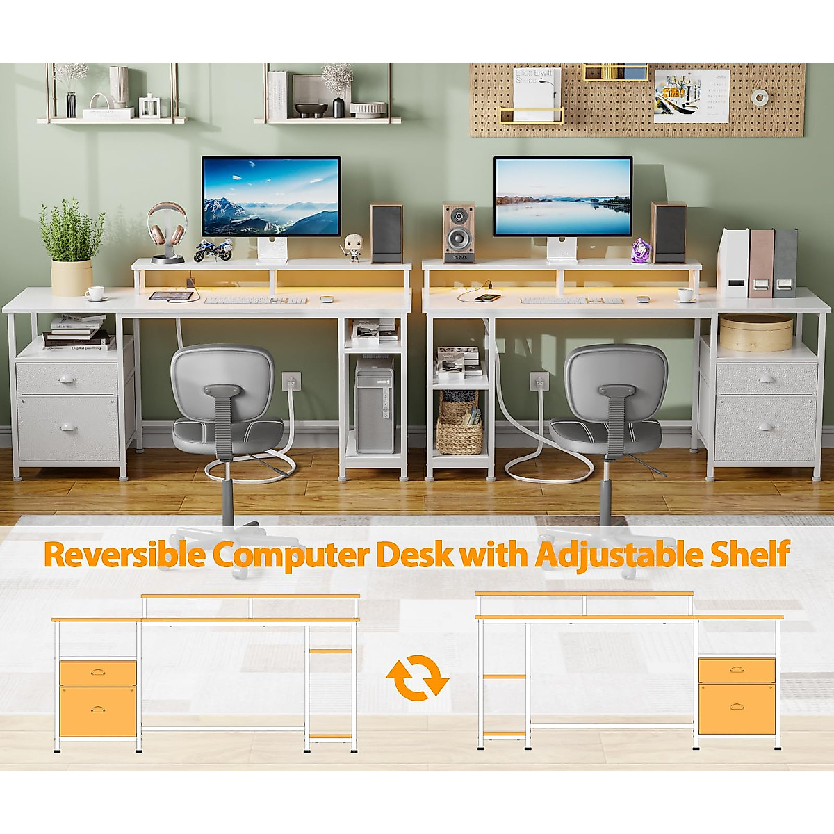Furologee 61" Desk with LED Light & Power Outlets, Reversible Computer Desk with File Cabinet & Drawer, White Gaming Desk Writing Table with Dual Monitor Stand, for Home/Office/White