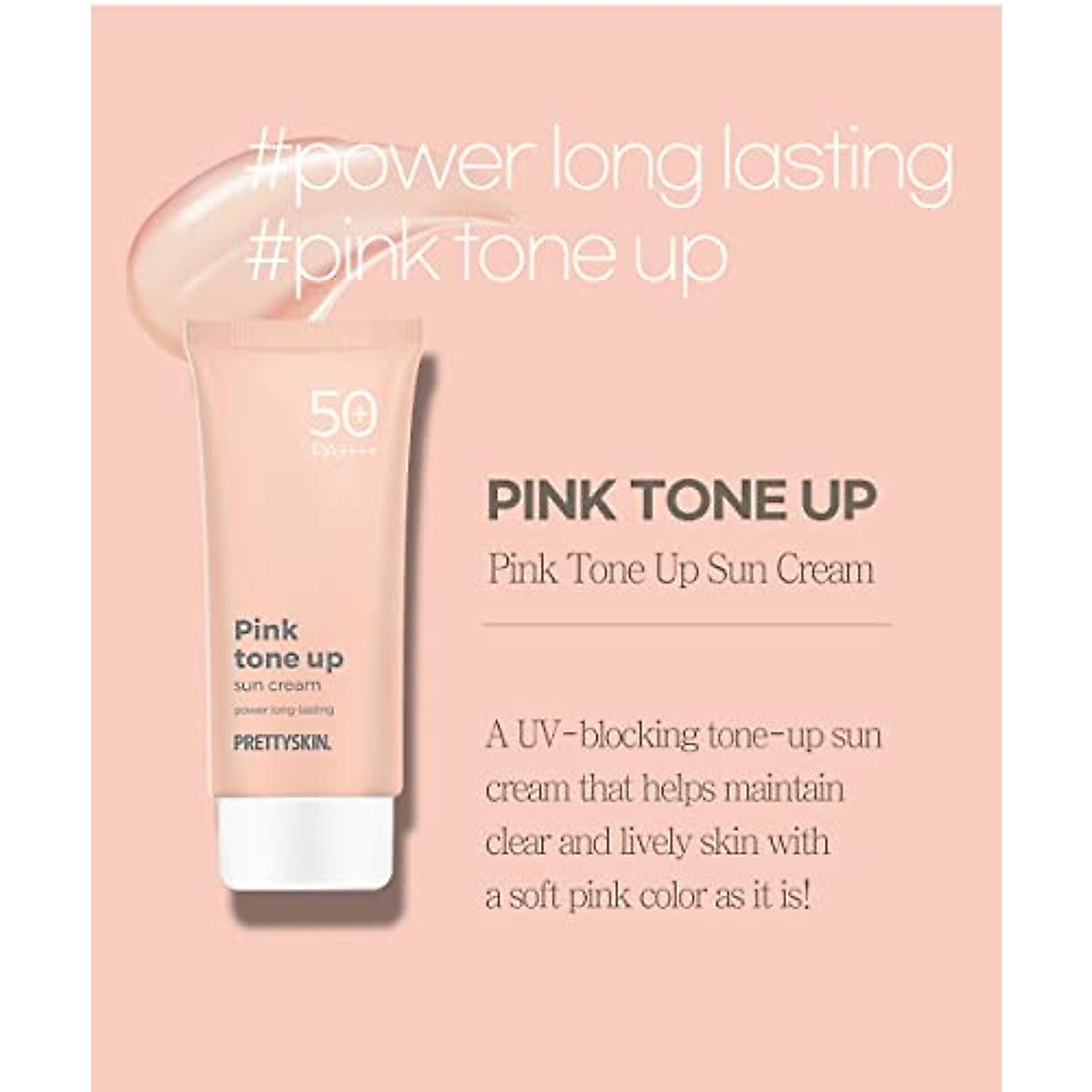 PRETTYSKIN Power Long-lasting Facial Sunscreen SPF50+ / PA++++ 2.36 fl.oz.(70ml) Zinc Oxide | Moisturizing and UV protection | Shea Butter, Chamomile flower extract (Pink Tone-up)