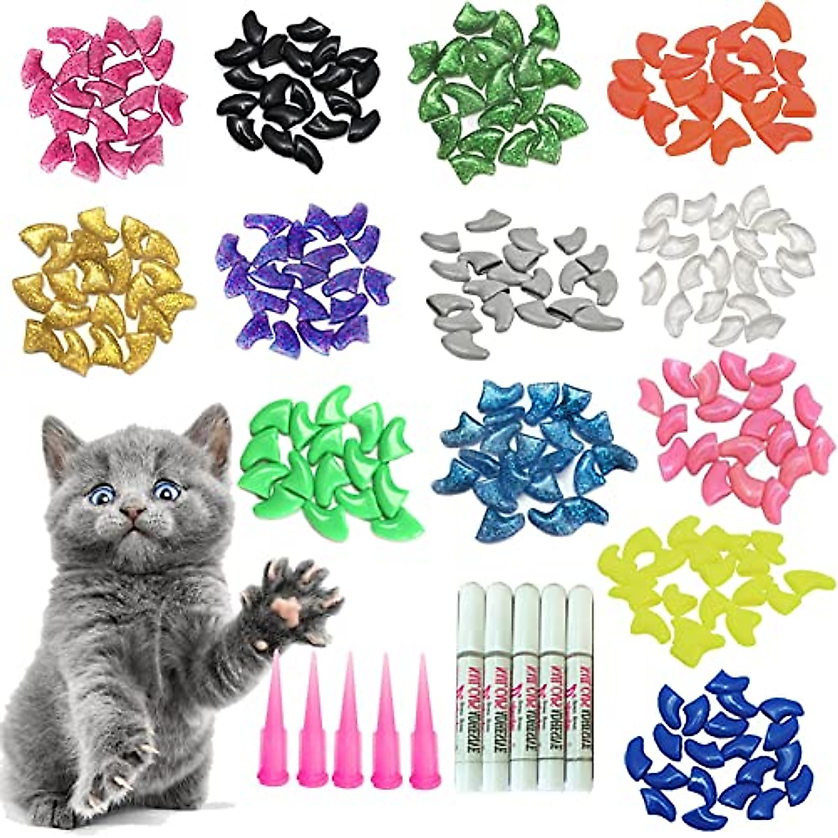 100pcs Cat Nail Caps/Tips YMCCOOL Pet Cat Kitty Soft Claws Covers Control Paws of 10 Multi-Colors Nails Caps and 5Pcs Adhesive Glue 5 Applicator with Instruction