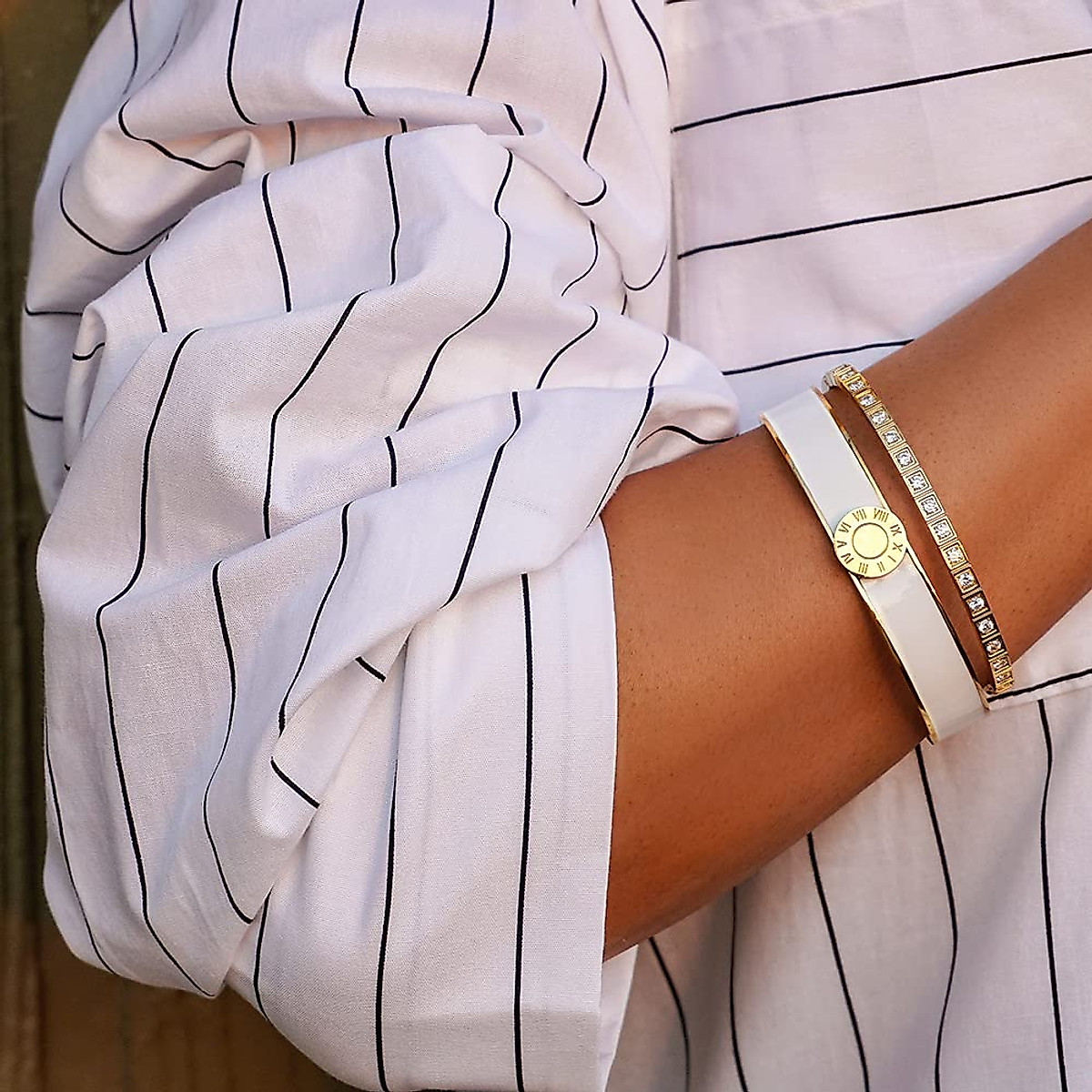 CIUNOFOR Enamel Bracelet for Women Vintage Pop-Art Colorful Cuff Bangle Stainless Steel Gold Plate Tone Wide Band Handmade for Unisex Adult Jewelry (Moonstone)