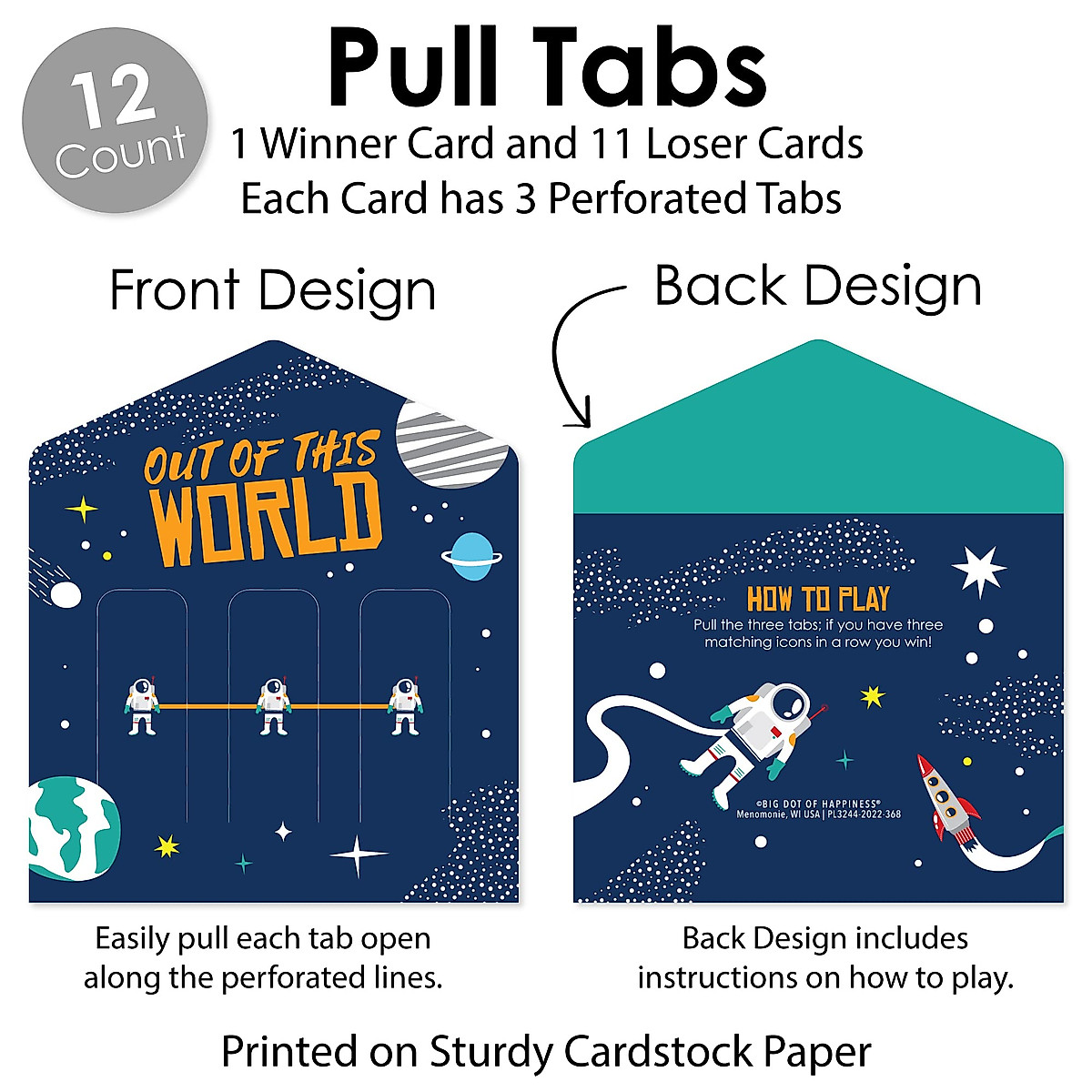Big Dot of Happiness Blast Off to Outer Space - Rocket Ship Baby Shower or Birthday Party Game Pickle Cards - Pull Tabs 3-in-a-Row - Set of 12