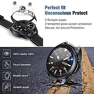 [2+2Pack] Tensea Compatible Samsung Galaxy Watch 3 45mm Screen Protector and Case, 2 Pack Tempered Glass Protective Film and 2 Pack TPU Watch Cover Accessories Set for Galaxy Watch3 45, Titanium, 41mm