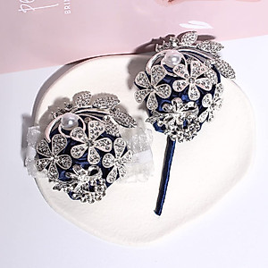 WANLIAN Wrist Corsage with Peal and Rhinestone Corsage and Boutonniere Set for Wedding,Prom,Party (Silver Navy Blue，2 Pieces)