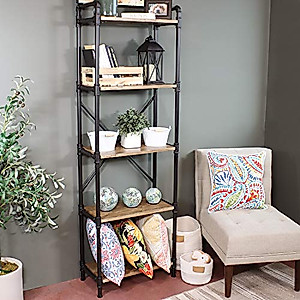 Sunnydaze 5-Tier Freestanding Industrial Bookshelf for Living Room - Black Pipe Style Frame with Wood Veneer Shelves - Brown