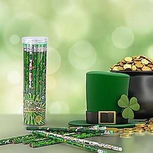 ADXCO 36 Pieces St Patrick's Day Pencils Green Shamrock Pencils with Erasers and Pencil Bucket Irish Pencils for St. Patrick's Party Favors Supplies, School, Classroom, 12 Styles