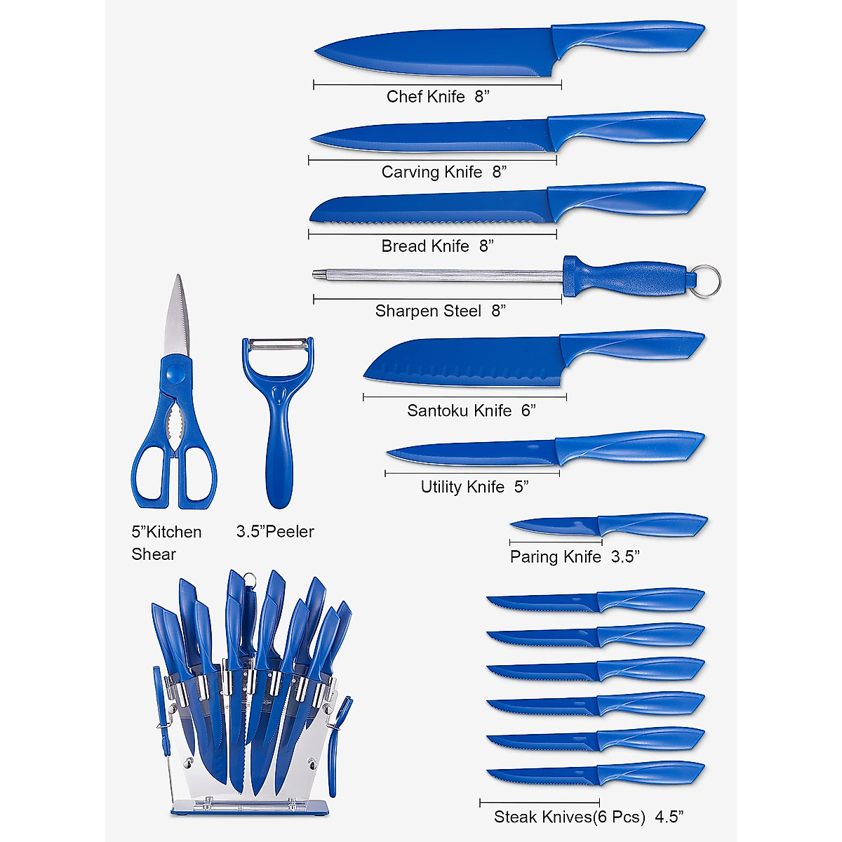 Knife Set, No Rust 16 Pieces Knives Set, Knife Block Set with Easy Clean Acrylic Stand, Super Sharp Kitchen Knife Set with a Vegetable Peeler, Blue