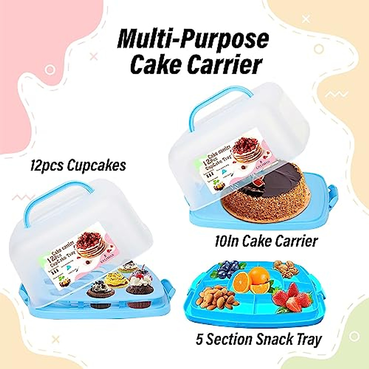 CASYMAR Portable Cake Carrier with 12 Cupcake Holder with Lid- Plastic Cake Containers with Lids Includes Knife & Accessories-Two Sided Base for Snacks Cookies Nuts Fruit etc-Suitable for 12-inch Cake