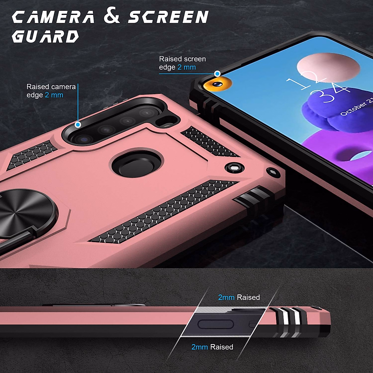 MERRO for Galaxy A21 Case with Screen Protector,Military Grade Heavy Duty Shockproof Protective Phone Cover Pass 16ft Drop Test with Magnetic Kickstand and Car Mount Holder Rose Gold Color