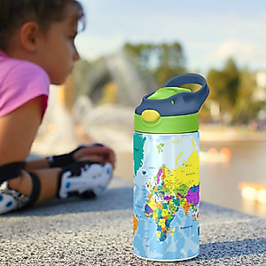 MAOBLYR 12 oz Colorful World Map Kids Water Bottle with Straw,BPA Free Spout Cover Leakproof Vacuum Insulated Stainless Steel Bottle for Boys Girls