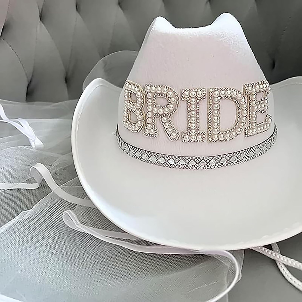 Bridal Cowboy Hat, Bronzing "Bride" Cowgirl Hat White Velvet Fur Veil Favors Women Felt Party Hat,Bachelorette Party Bride to be Gift