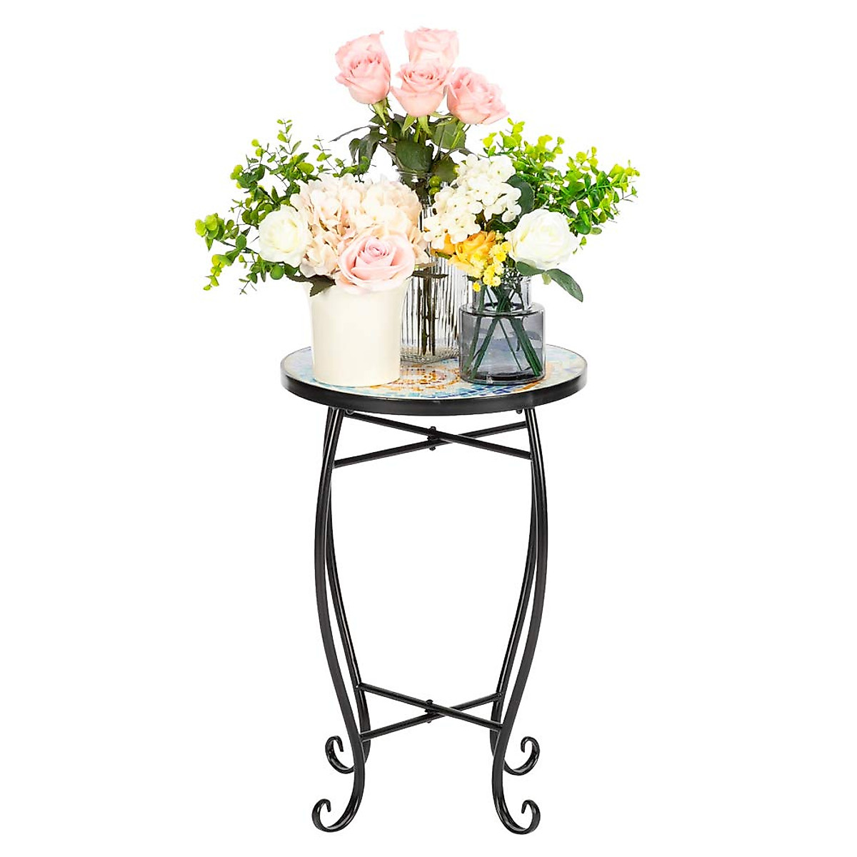 OOTDxvv Outdoor Side Table, 14inch Mosaic Patio Table Accent Table Plant Stand Small End Table with Coloured Glass for Porch Beach Patio Garden Balcony Poolside (D)