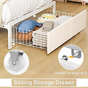 Elephance Twin Bed Frames with Under-Bed Drawer and Headboard, Metal Bed Frame No Box Spring Needed, Noise Free, Easy Assembly