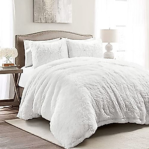 Lush Decor Emma Soft Fluffy Faux Fur Oversized Duvet Cover Set, Full/Queen, White - Warm Plush 3 Piece Bedding Set