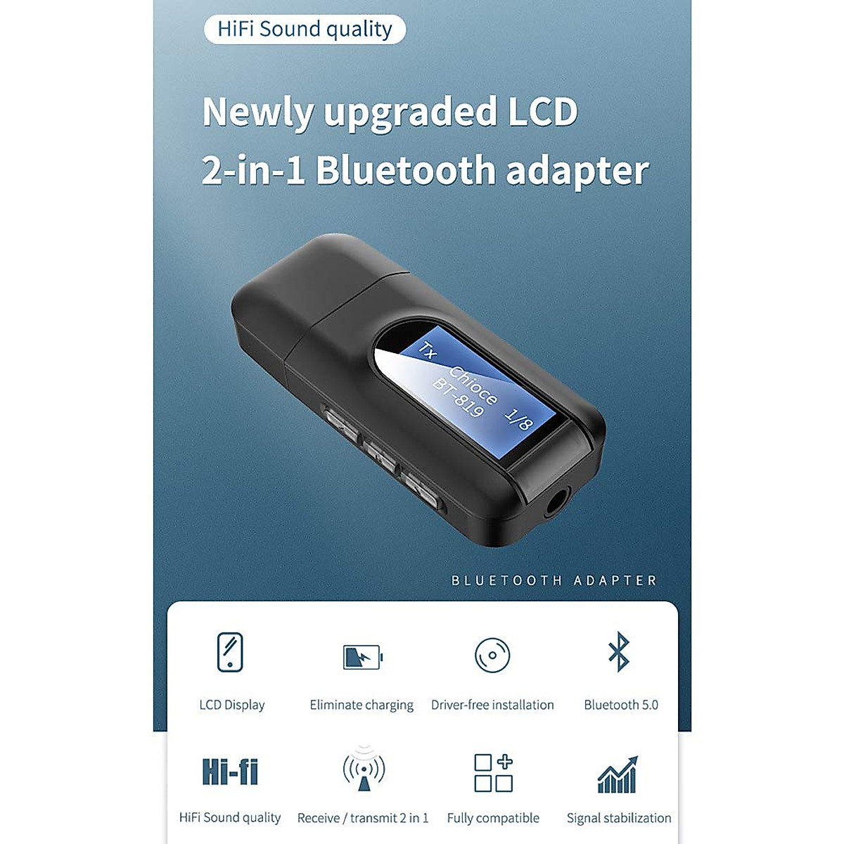 Kithing USB Bluetooth 5.0 Adapter Wireless Dongle for PC Laptop, 2 in 1 Bluetooth Receiver Transmitter for Home Stereo,Car,TV